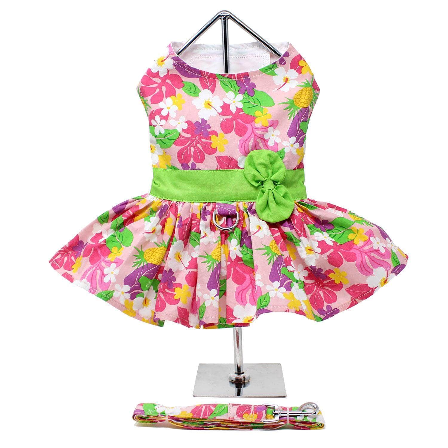 Pink Hawaiian Floral Dog Dress – Harness Style with Leash - DinkyDogClub